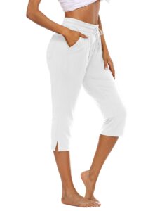 thanth womens capri yoga pants loose drawstring comfy lounge pajama capris workout jersey joggers pants with pockets white s