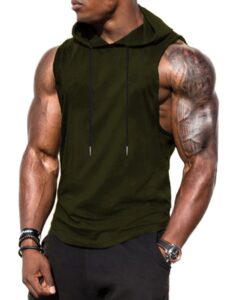 babioboa men's workout hooded tank tops lightweight athletic sleeveless shirts gym hooded tank tops(army green medium)