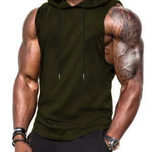 Babioboa Men's Workout Hooded Tank Tops Lightweight Athletic Sleeveless Shirts Gym Hooded Tank Tops(Army Green Medium)