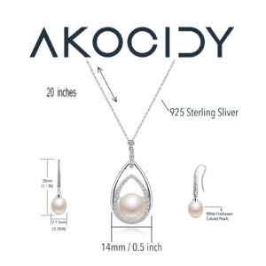 AKOCIDY-Freshwater Cultured Pearl Pendant Necklace and Dangle Earrings Set 925 Sterling Silver Bridal Jewelry Set