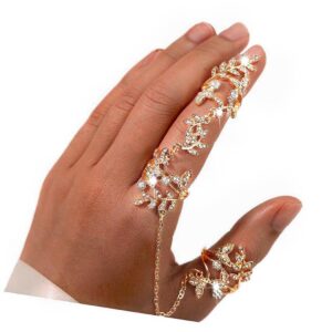 yalice charm leaf full finger ring bracelets dainty knuckle open ring harness hand chains adjustable statement rings jewelry for women gift (gold-2)