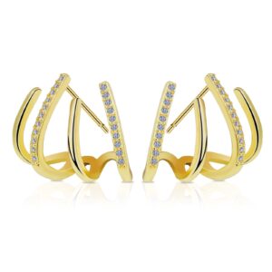 senni 14k gold plated claw cubic zirconia cuff earrings huggie stud sparkling earring cuff zircon needle stud ear for women girls (yellow plated 3)