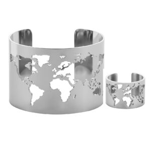 wide open cuff bangle bracelets finger ring set gifts for women,stainless steel broad chunky black world map engraved bangles, stainless steel, no gemstone