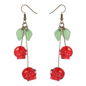 zkbkjspzjb skull cherry earrings/red skulls earrings/halloween earrings/funky spooky quirky earrings/nickel free(red)