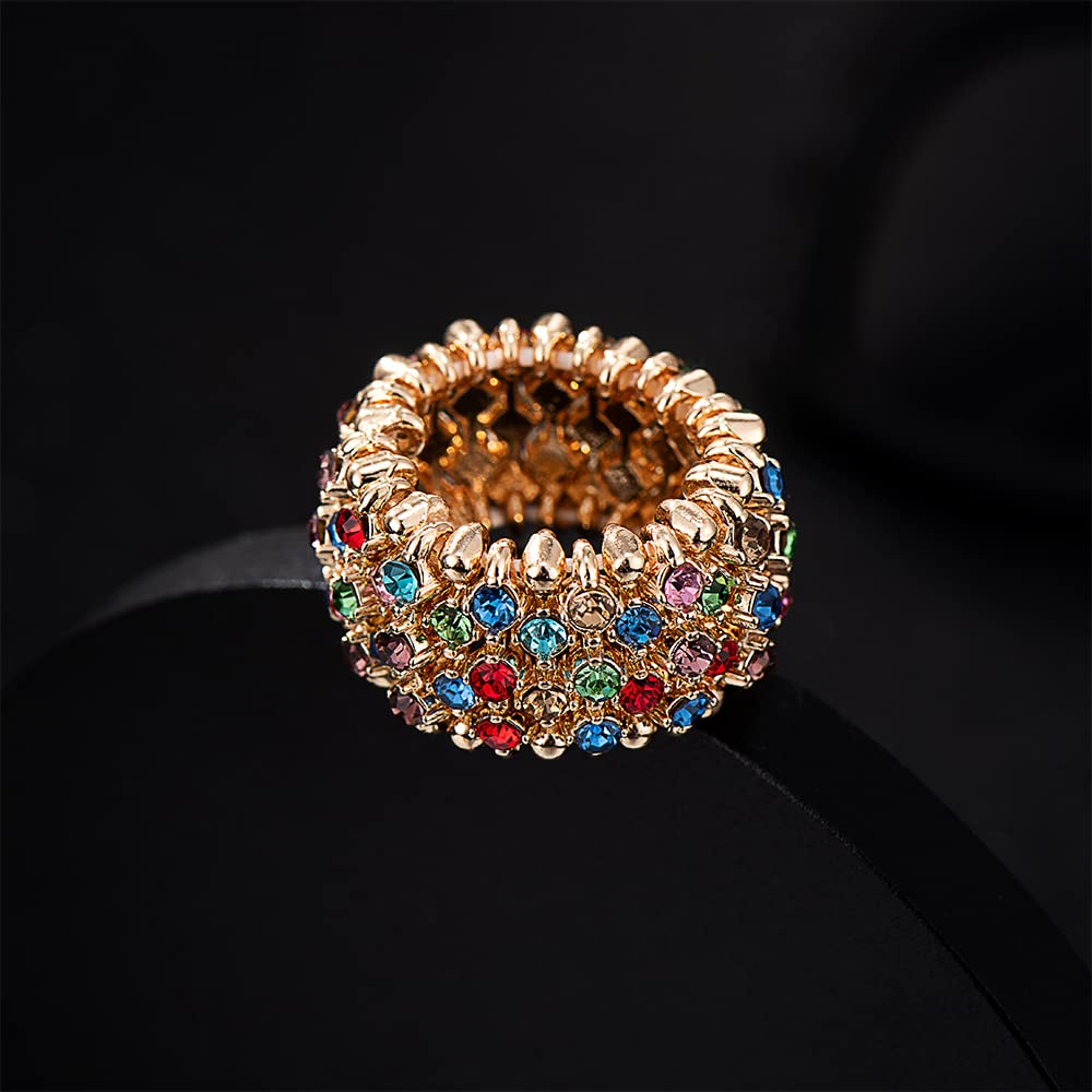 Colourful Crystal Adjustable Stretch Rings for Women Girl Finger Accessories Jewelry Elastic Rings (Colourful Crystal Gold Plated), 0.47*0.98 in