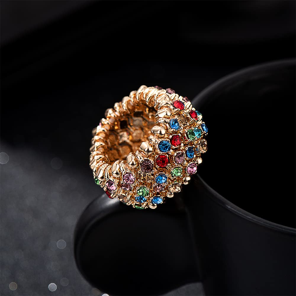 Colourful Crystal Adjustable Stretch Rings for Women Girl Finger Accessories Jewelry Elastic Rings (Colourful Crystal Gold Plated), 0.47*0.98 in