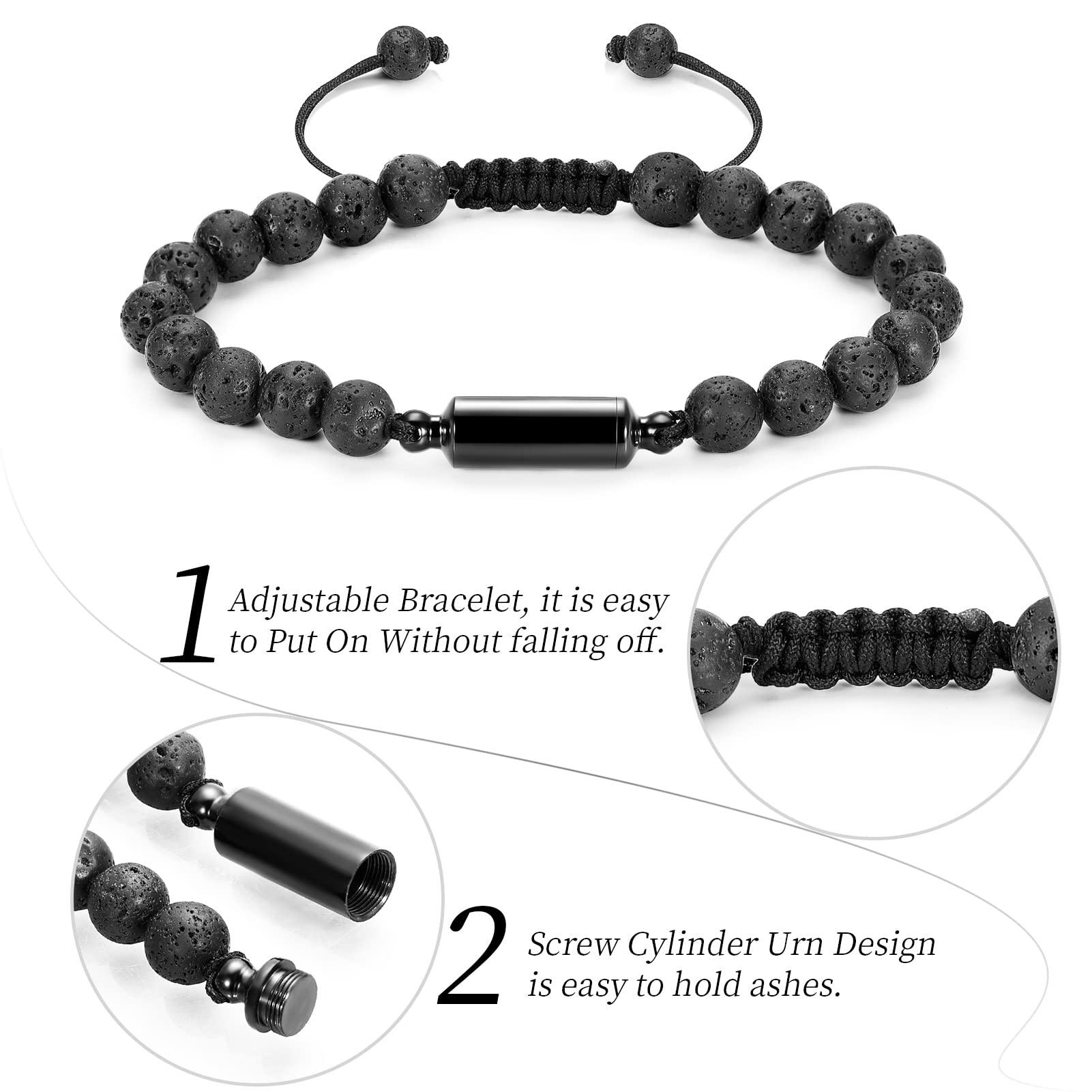 shajwo Cylinder Urn Bracelet for Ashes for Women Men Cremation Jewelry Memorial Keepsake Adjustable Lava Bracelet,Balck