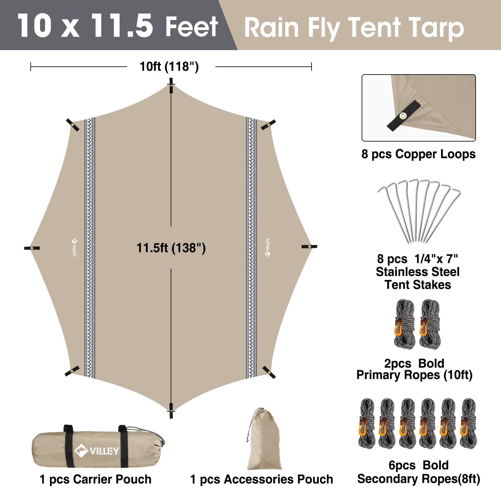 VILLEY Hammock Tent Rain Fly, Octagonal Waterproof Camping Tarp, Sun Shelter for Camping, Backpacking, Hiking, Accessory Includes Stakes, Ropes and Carry Bag (Khaki)