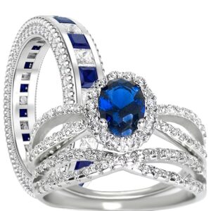 laraso & co his hers sterling blue sapphire cz bridal wedding band engagement ring set him her