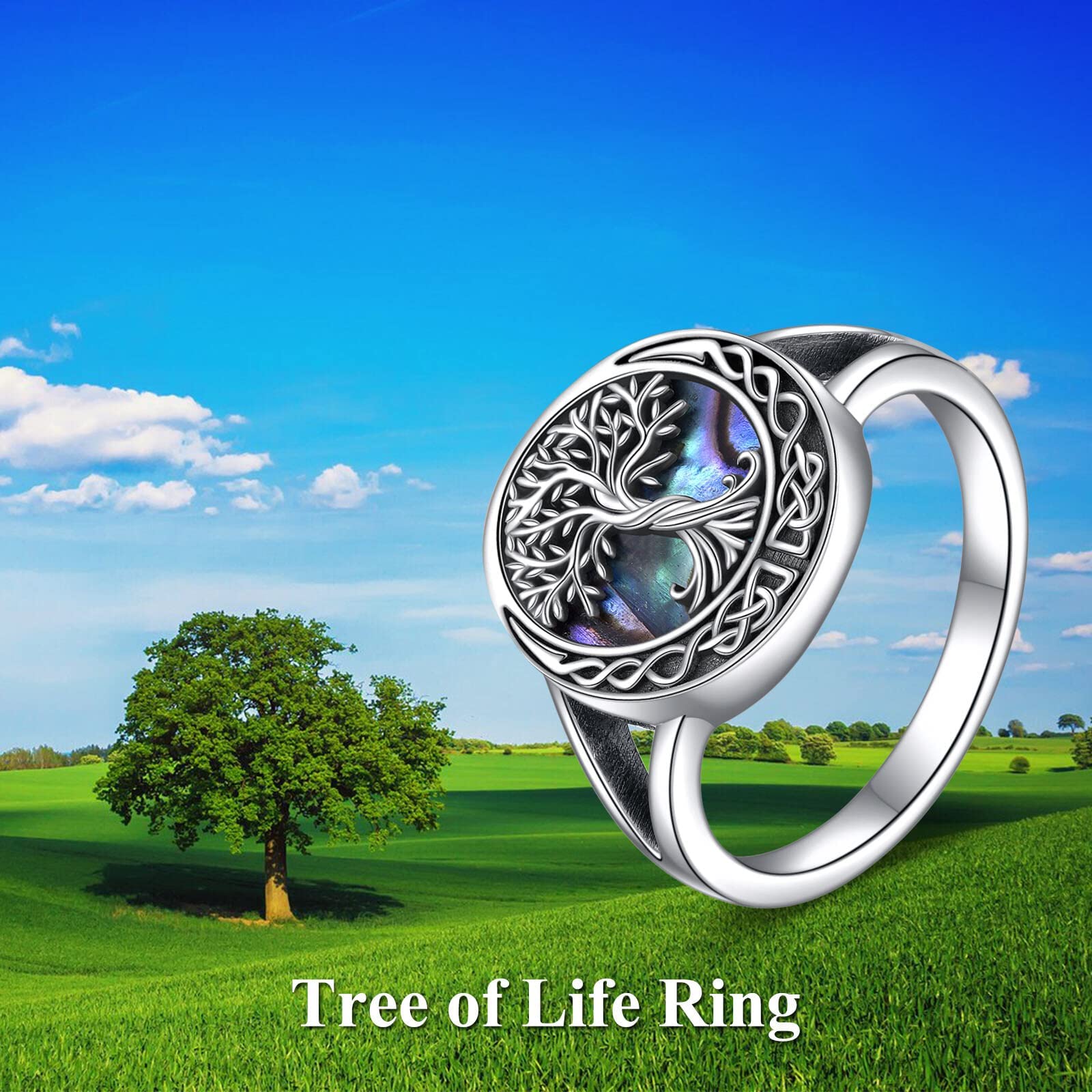 ONEFINITY Tree of Life Rings Sterling Silver Celtic Knot Tree of Life Rings Family Tree Jewelry Gifts for Women (Abalone shell, 10)