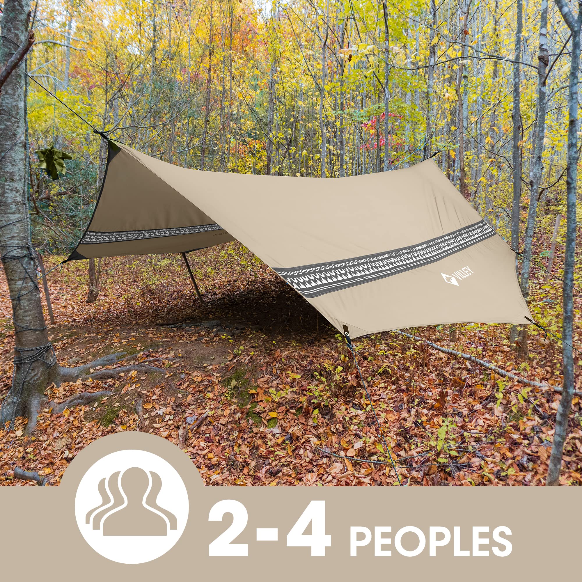 VILLEY Hammock Tent Rain Fly, Octagonal Waterproof Camping Tarp, Sun Shelter for Camping, Backpacking, Hiking, Accessory Includes Stakes, Ropes and Carry Bag (Khaki)