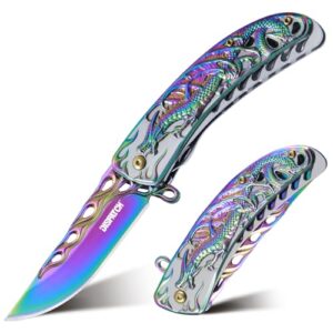 dispatch pocket knife for men women with clip, folding knife with dragon pattern handle, outdoor hunting camping hiking edc tools