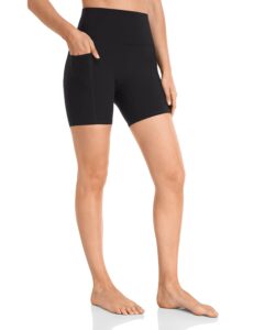 heynuts women's high waisted biker shorts with side pockets, workout tummy control yoga leggings running shorts 6'' black m(8/10)