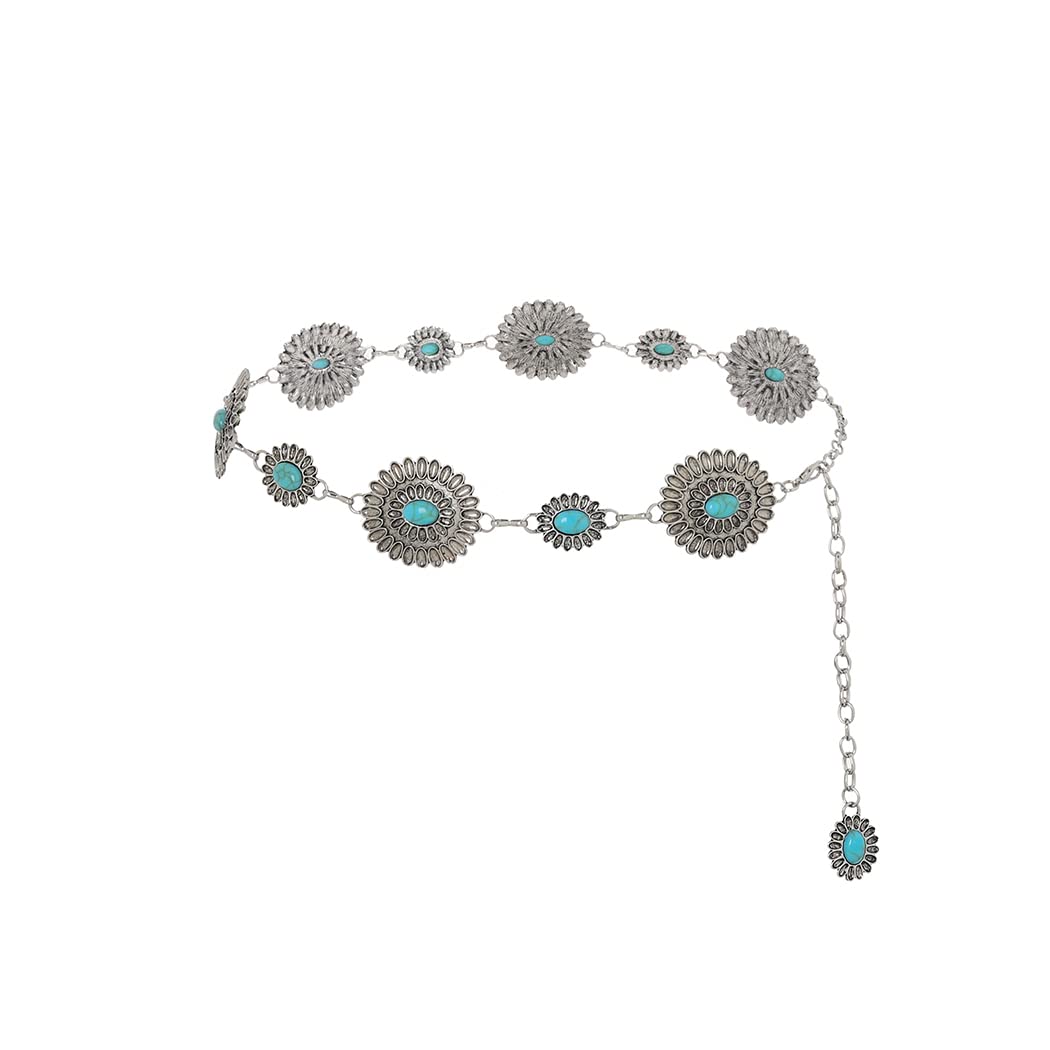 Navoky Turquoise Chain Belts Concho Belt Silver Metal Western Waist Chain Retro Boho Cowgirl Outfit Accessories for women (F, Small)