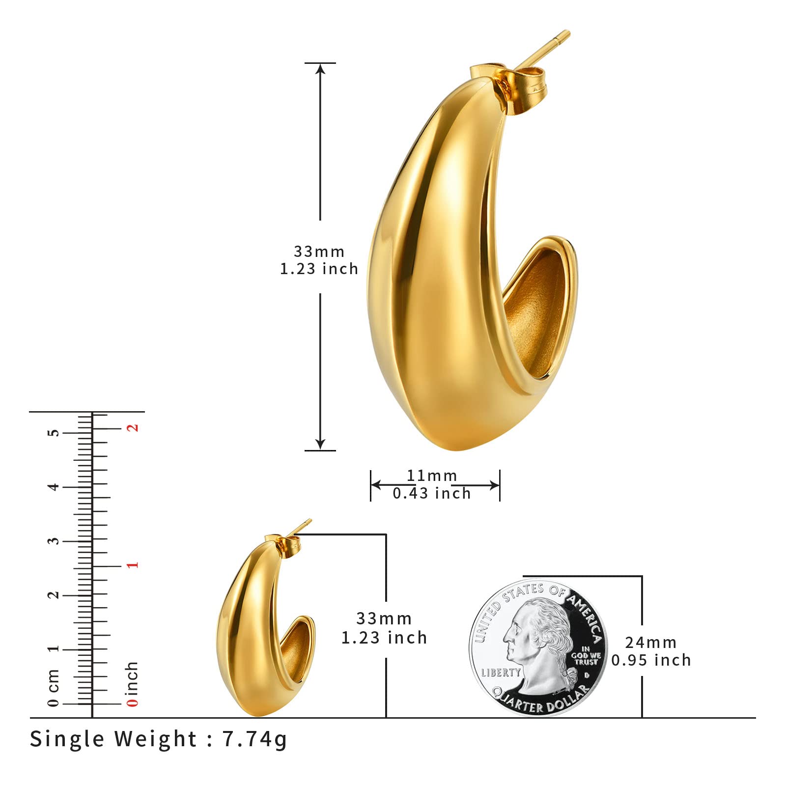 POVIK Chunky Gold Hoop Earrings for Women, 18K Real Gold Plated Open Half Thick Hoop Statement Stainless Steel Earrings