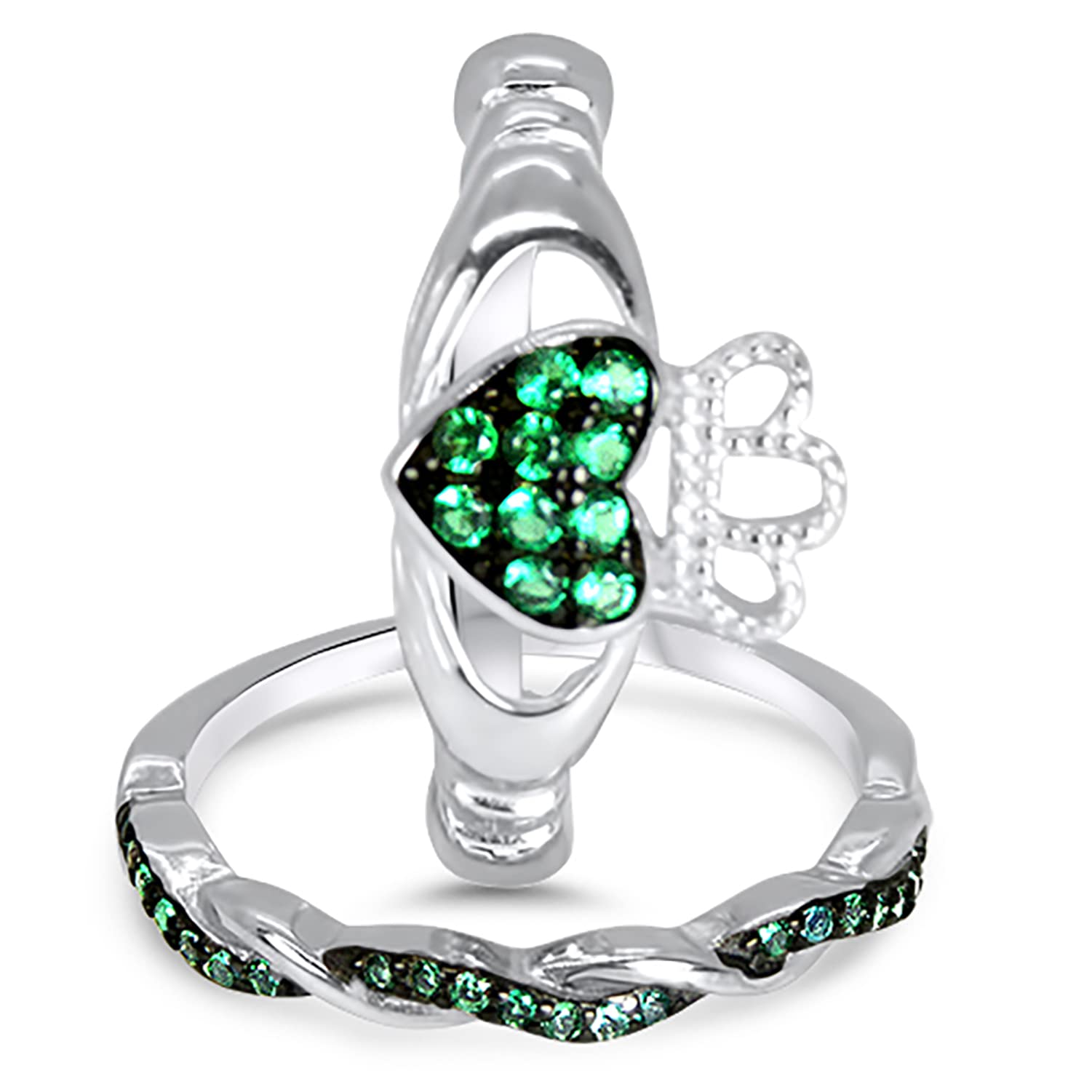 His Hers Celtic Wedding Ring Set TRIO 3 PCS Simulated Emerald Bridal Set Silver Black 316L Steel Him Her