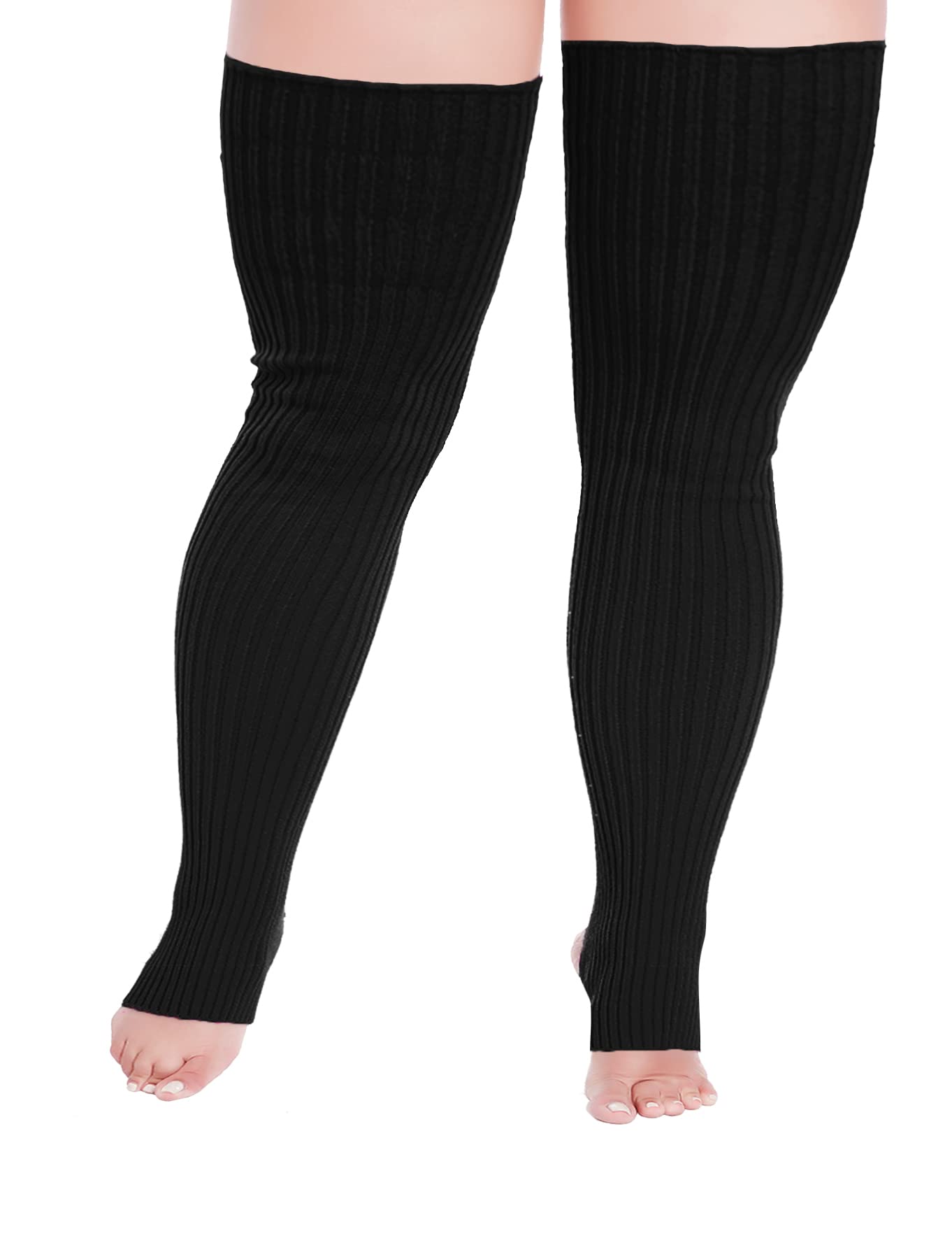 v28 Plus Size Knit Leg Warmer Women Thick Thigh High Boot Extra Long Large Socks(Plus Size- Black)