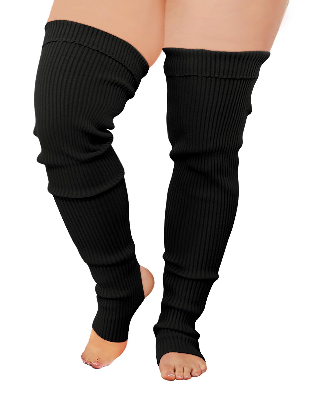 v28 Plus Size Knit Leg Warmer Women Thick Thigh High Boot Extra Long Large Socks(Plus Size- Black)