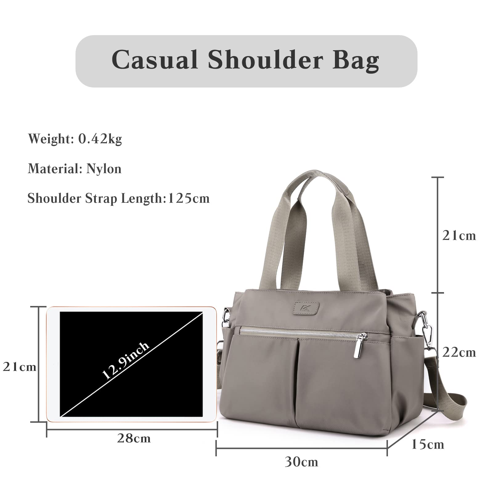 PORRASSO Crossbody Bag Women Shoulder Bag Nylon Multi-pocket Handbag Tote Ladies Satchel for Travel Work Daily Use Grey