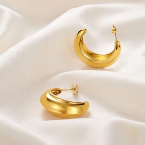 POVIK Chunky Gold Hoop Earrings for Women, 18K Real Gold Plated Open Half Thick Hoop Statement Stainless Steel Earrings