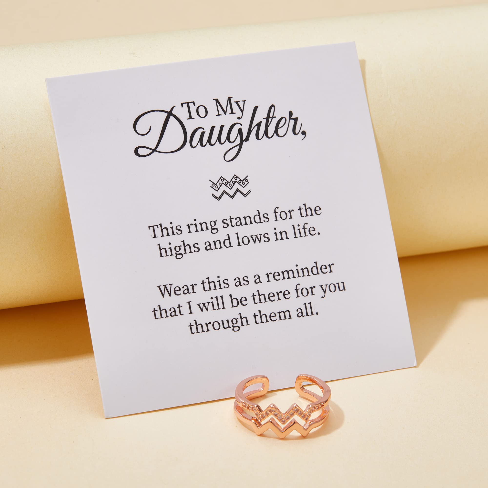 RINHOO FRIENDSHIP To My Daughter HIGHS AND LOWS Ring Inspirational Daughter-in-law Ring 14K Gold Plated Adjustable Opening Wave Pattern Rings Gift for Women (Gold)