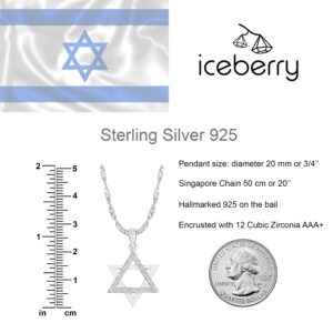 ICEBERRY Jewish Star of David Necklace for Women - Dainty 925 Sterling Silver Cubic Zirconia 6 Point Star Pendant with Singapore Chain 19.7"- Judaica Hebrew Jewelry (White)