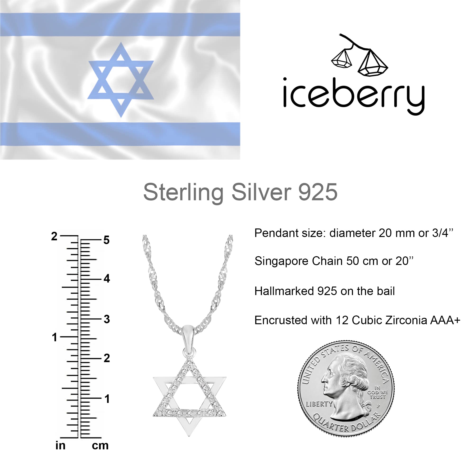 ICEBERRY Jewish Star of David Necklace for Women - Dainty 925 Sterling Silver Cubic Zirconia 6 Point Star Pendant with Singapore Chain 19.7"- Judaica Hebrew Jewelry (White)