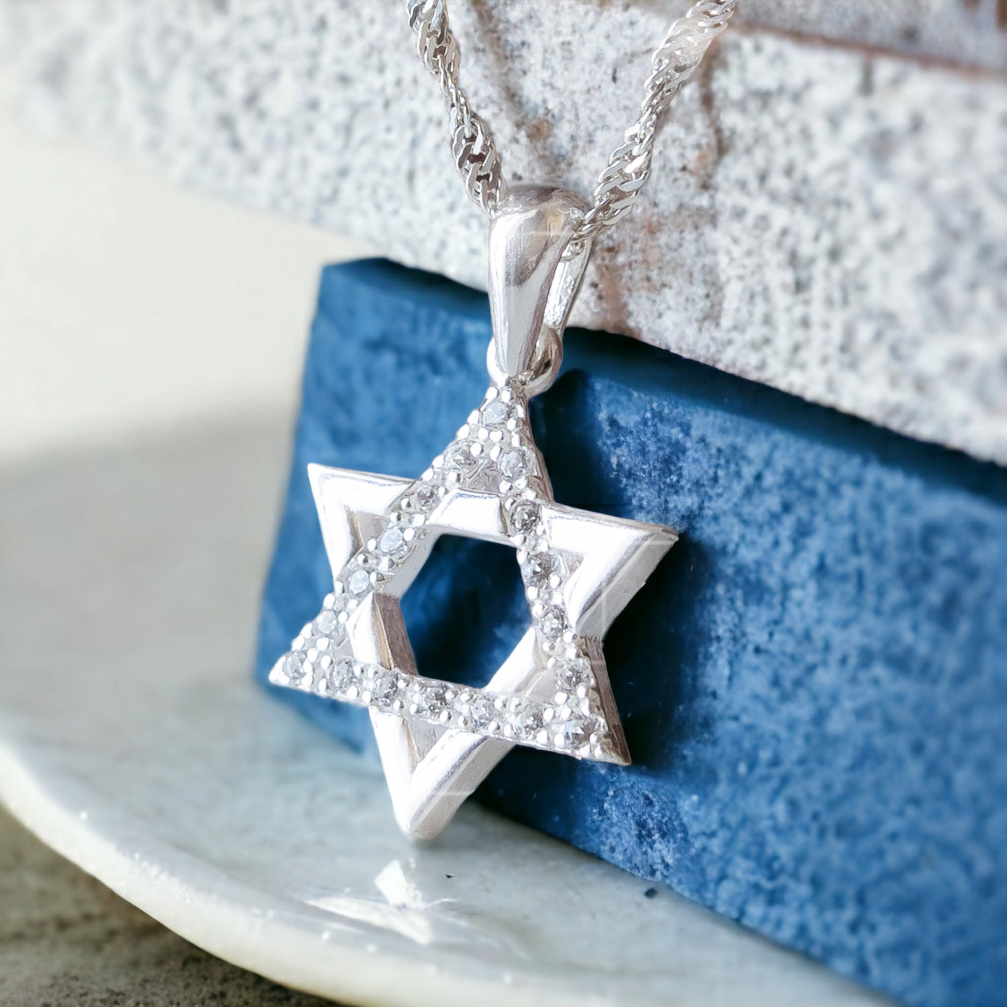 ICEBERRY Jewish Star of David Necklace for Women - Dainty 925 Sterling Silver Cubic Zirconia 6 Point Star Pendant with Singapore Chain 19.7"- Judaica Hebrew Jewelry (White)