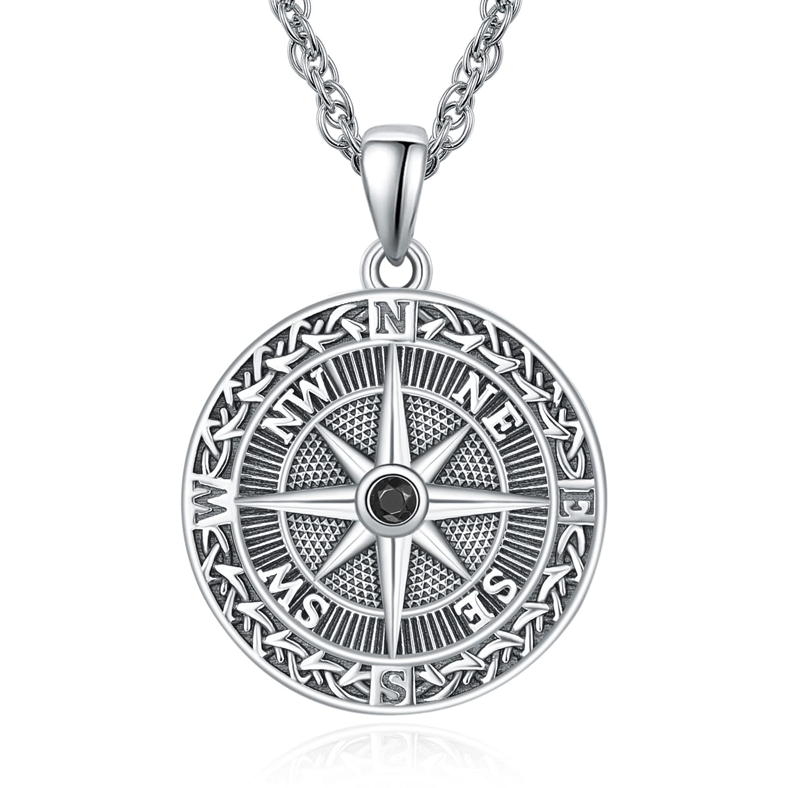 KINGWHYTE Compass Necklace 925 Sterling Silver Oxidized Retro Celtic Jewellery Compass Birthday Gifts for Men Women with Stainless Steel Chain 55cm