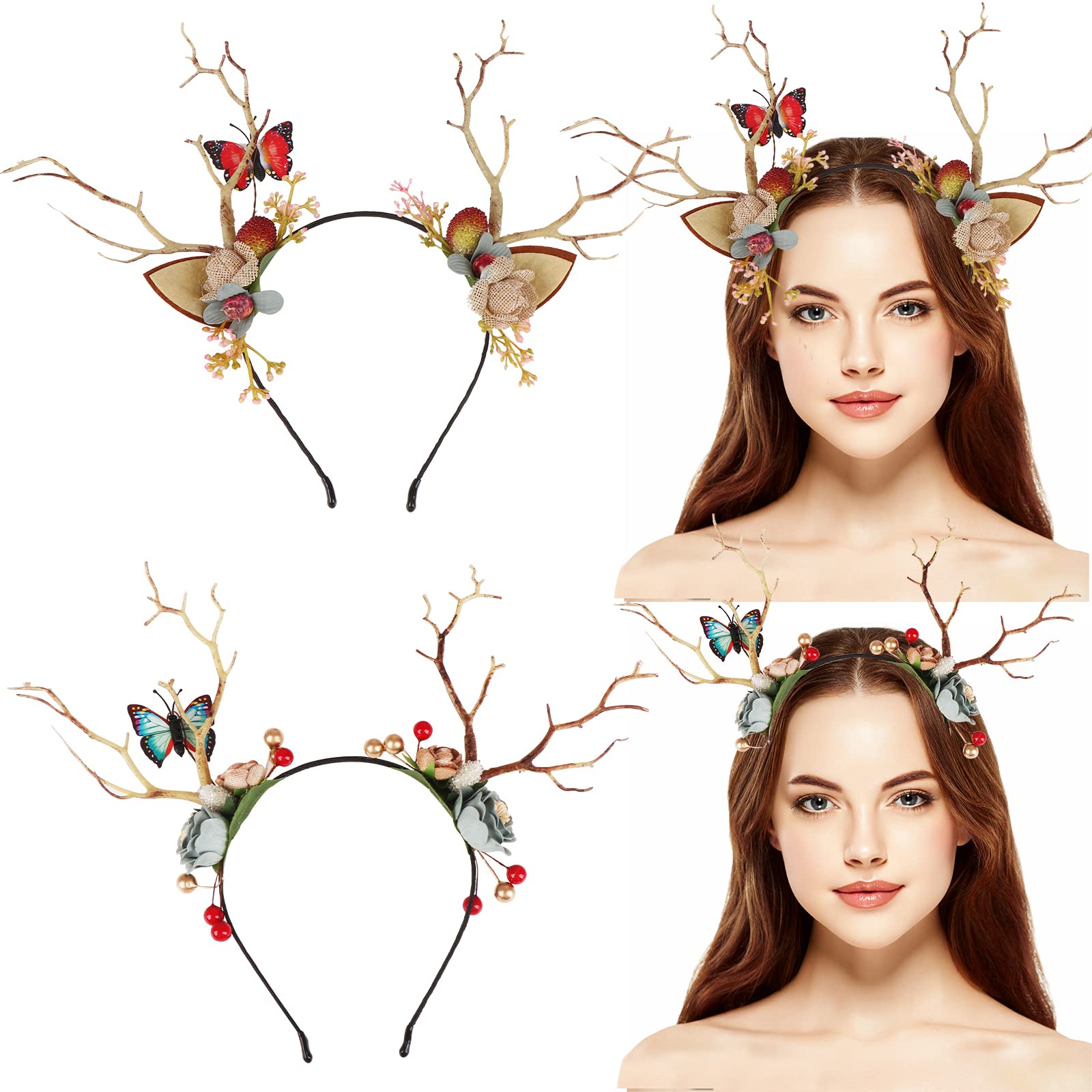 2 Pcs Deer Antler Flower Crown Headbands Tree Branches Butterfly Headband Antlers Headband Cosplay Headdress Hair Accessories for Halloween Chritmas Wedding Party Woodland Fairy Costume