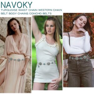 Navoky Turquoise Chain Belts Concho Belt Silver Metal Western Waist Chain Retro Boho Cowgirl Outfit Accessories for women (F, Small)