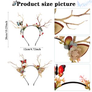 2 Pcs Deer Antler Flower Crown Headbands Tree Branches Butterfly Headband Antlers Headband Cosplay Headdress Hair Accessories for Halloween Chritmas Wedding Party Woodland Fairy Costume