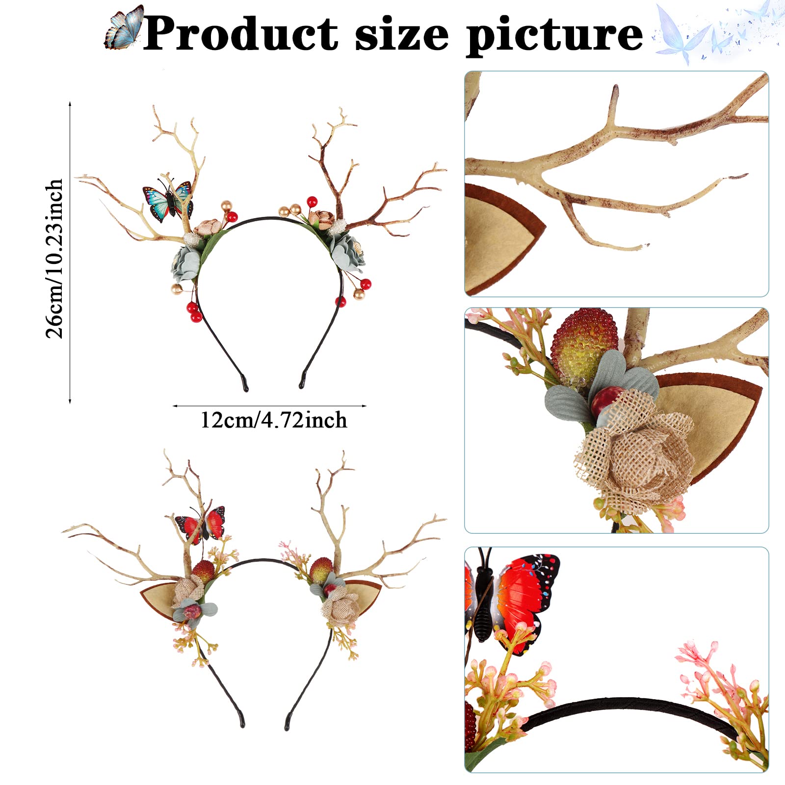 2 Pcs Deer Antler Flower Crown Headbands Tree Branches Butterfly Headband Antlers Headband Cosplay Headdress Hair Accessories for Halloween Chritmas Wedding Party Woodland Fairy Costume