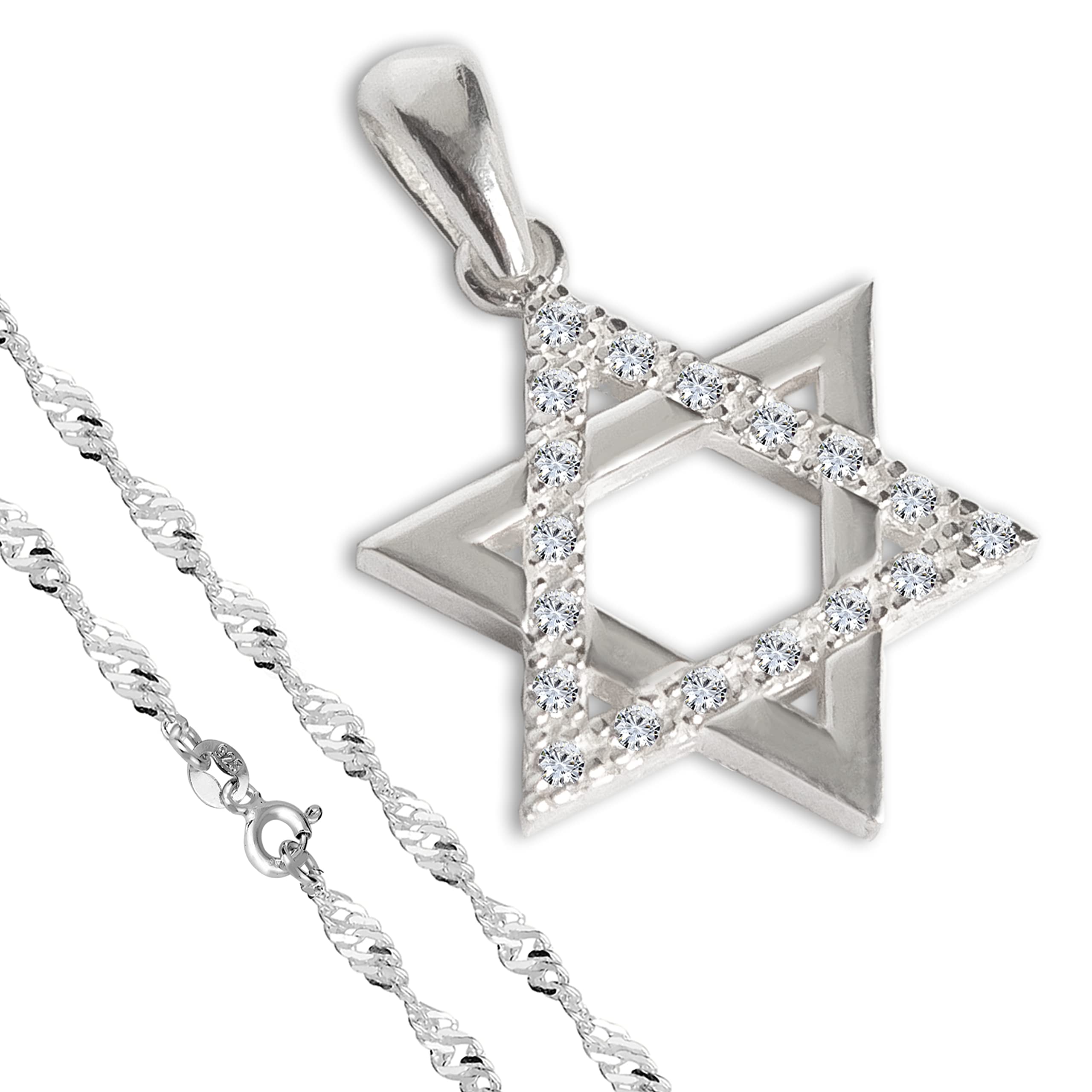 ICEBERRY Jewish Star of David Necklace for Women - Dainty 925 Sterling Silver Cubic Zirconia 6 Point Star Pendant with Singapore Chain 19.7"- Judaica Hebrew Jewelry (White)