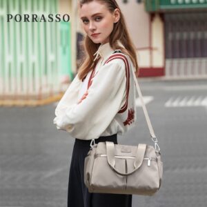 PORRASSO Crossbody Bag Women Shoulder Bag Nylon Multi-pocket Handbag Tote Ladies Satchel for Travel Work Daily Use Grey