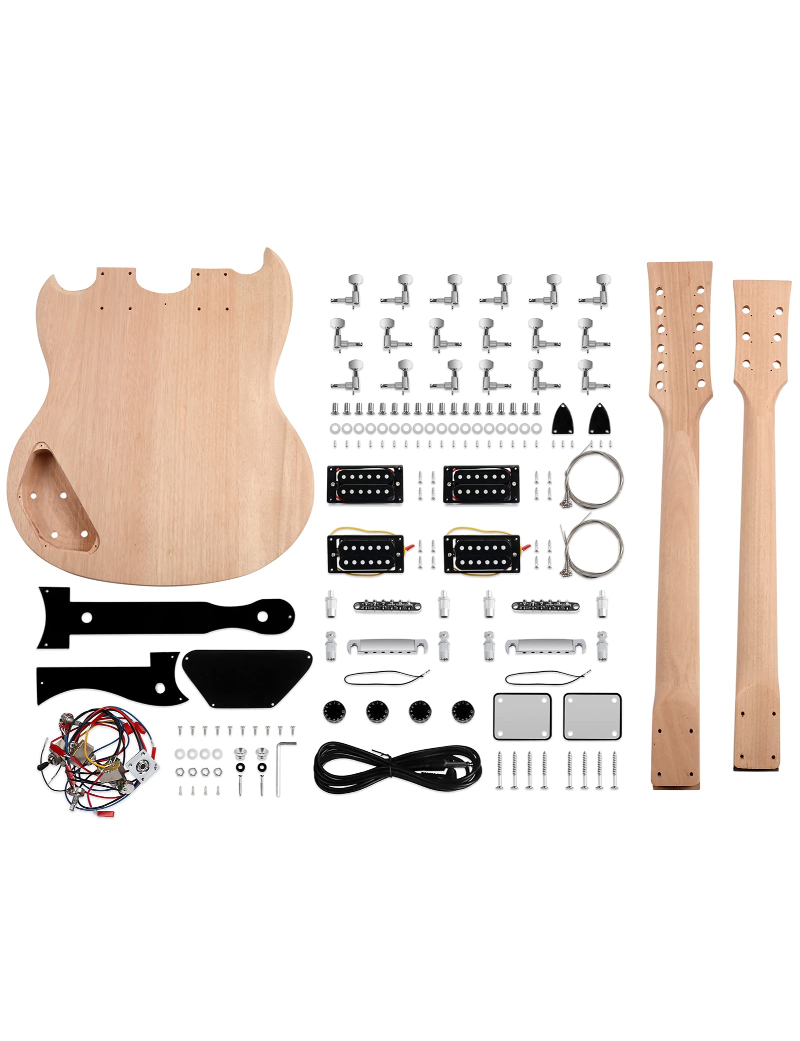 Fistrock DIY Electric Guitar Kit Double Neck Guitar Kits Beginner Kits 12 String Right Handed with Mahogany Body Mahogany Neck Rosewood Fingerboard Chrome Hardware Build Your Own Guitar.