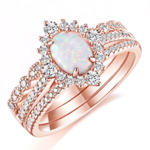 tigrade 1.5ct oval opal bridal ring sets 3pcs rose gold stackable rings cubic zirconia engagement halo cz wedding band for women size 3-12, size 7