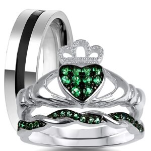 his hers celtic wedding ring set trio 3 pcs simulated emerald bridal set silver black 316l steel him her