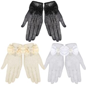 jenpen 3 pairs girl net lace gloves tea party gloves kids princess gloves bow tie gloves communion gloves for little girls pearl dress gloves for wedding pageant for girls aged 4-16