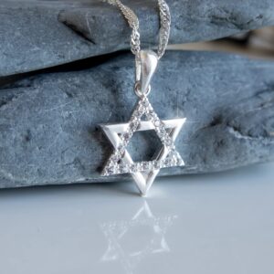 ICEBERRY Jewish Star of David Necklace for Women - Dainty 925 Sterling Silver Cubic Zirconia 6 Point Star Pendant with Singapore Chain 19.7"- Judaica Hebrew Jewelry (White)