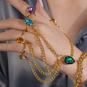 YERTTER Boho Gold Finger Ring Link Bracelet Colorful Crystal Bracelet Green Crystal Gold Hand Chain Women Girls Accessories Gift Party