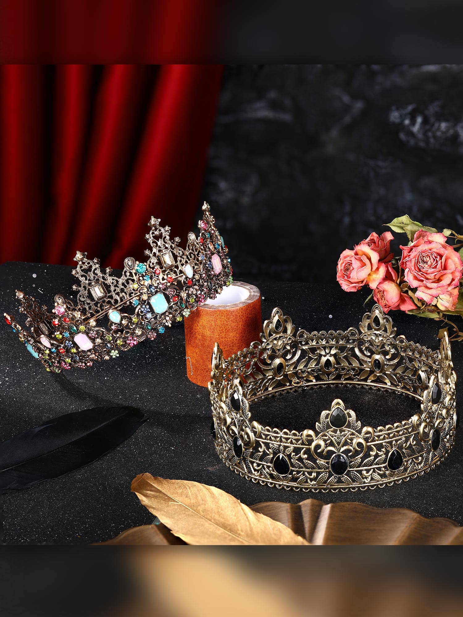 2 Pieces Baroque Crown King and Queen Crown Set for Men Women Black Rhinestone Crystal Queen Tiaras Royal Costume Crown Headwear for Prom Wedding Cosplay Homecoming Prom Christmas Party Decorations