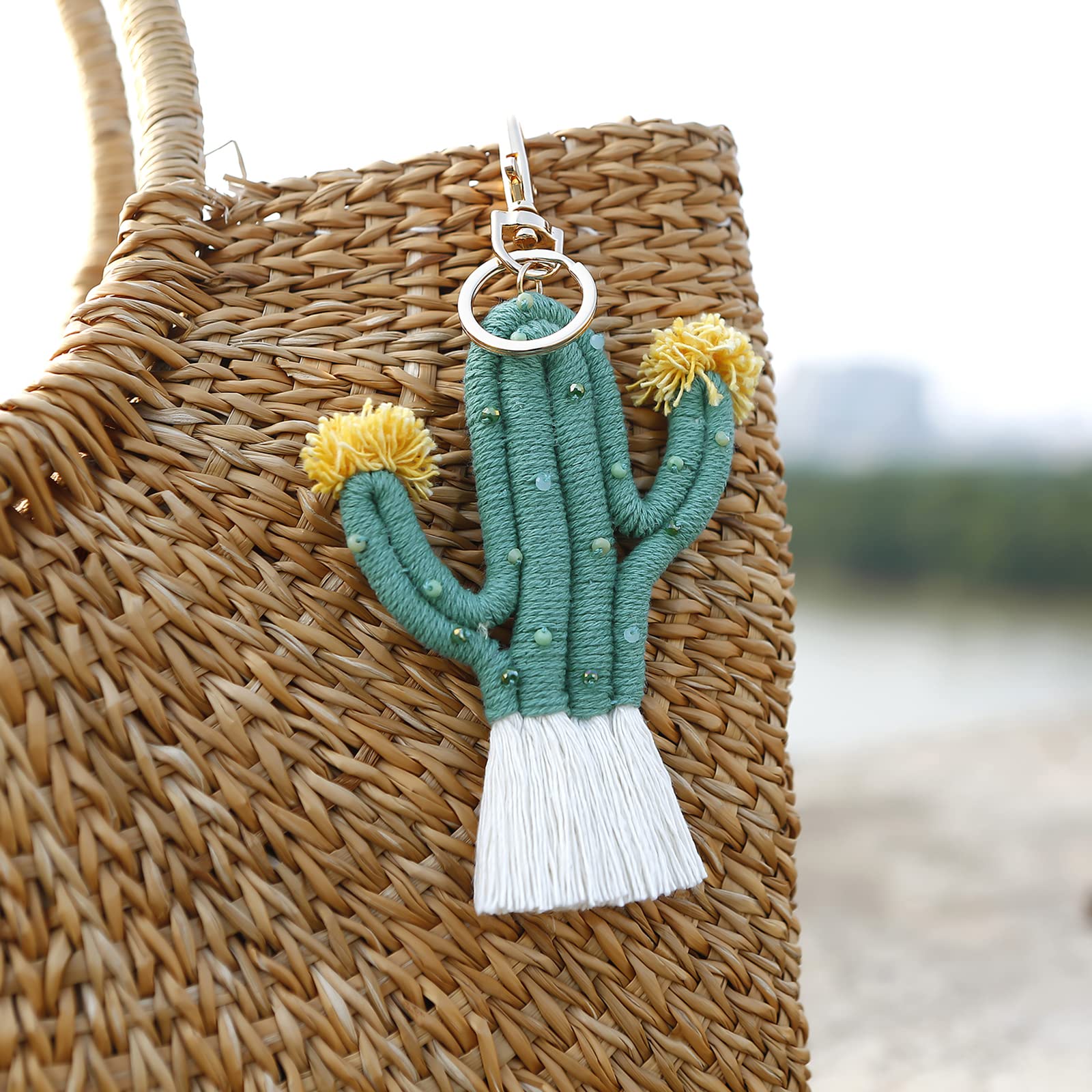 ZOONAI Women Girls Weaving Cactus Tassel Keychain Bag Keyring Holder Wallet Purse Pendant Decorations (A-Light Green)