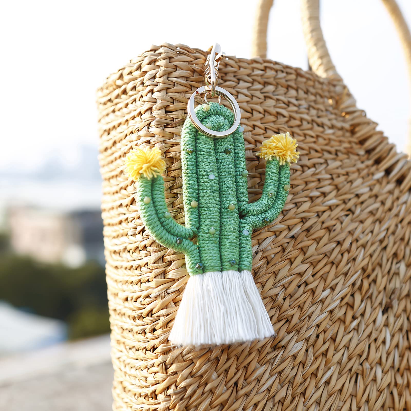 ZOONAI Women Girls Weaving Cactus Tassel Keychain Bag Keyring Holder Wallet Purse Pendant Decorations (A-Light Green)