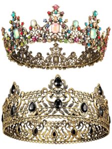 2 pieces baroque crown king and queen crown set for men women black rhinestone crystal queen tiaras royal costume crown headwear for prom wedding cosplay homecoming prom christmas party decorations