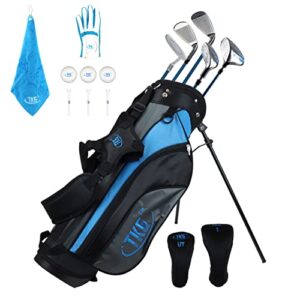 tkg sports youth golf club set for ages 7-10, golf stand bag with rain hood and accessories, left-handed