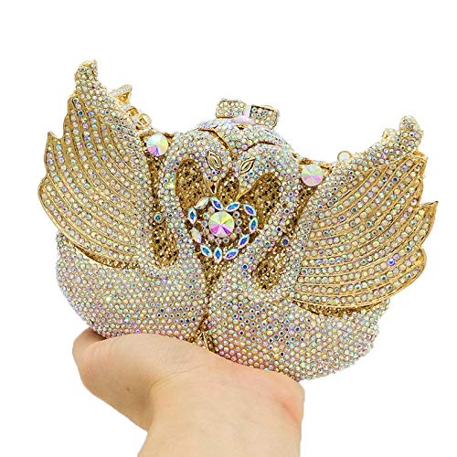 Boutique De FGG Women Swan Clutch Crystal Evening Bags Wedding Party Dinner Ladies Rhinestone Minaudiere Handbag (Small,Gold AB)