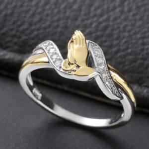 HUKQBUNX 18K Gold Diamond Prayer Hand Two Color Ring Prayer Gesture Palm Ring Cubic Zircon Universal Blessing Ring Size 6-10 (Size 7)