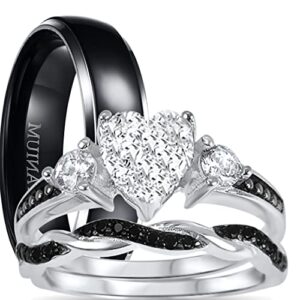 laraso & co his and hers 3 piece trio sterling silver black wedding band engagement ring set