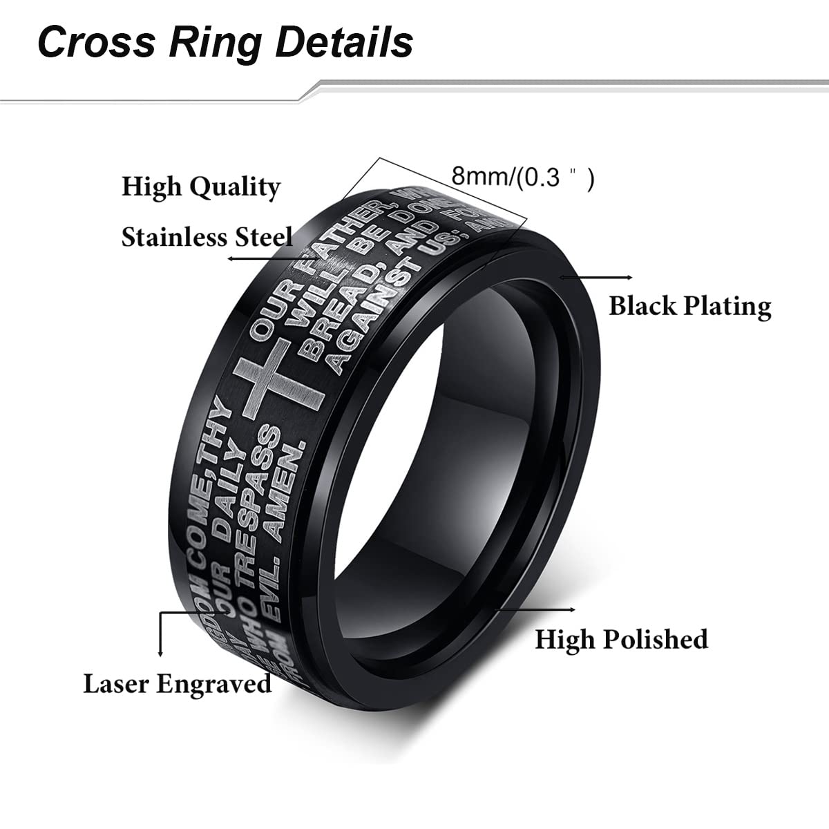 yomlry Fidget Ring Anxiety Ring for Women Men Christian Lord's Prayer Cross Ring Stainless Steel Spinner Cross Ring for Anxiety Relief Laser Engraved Anxiety Rings Wedding Band-Black-13